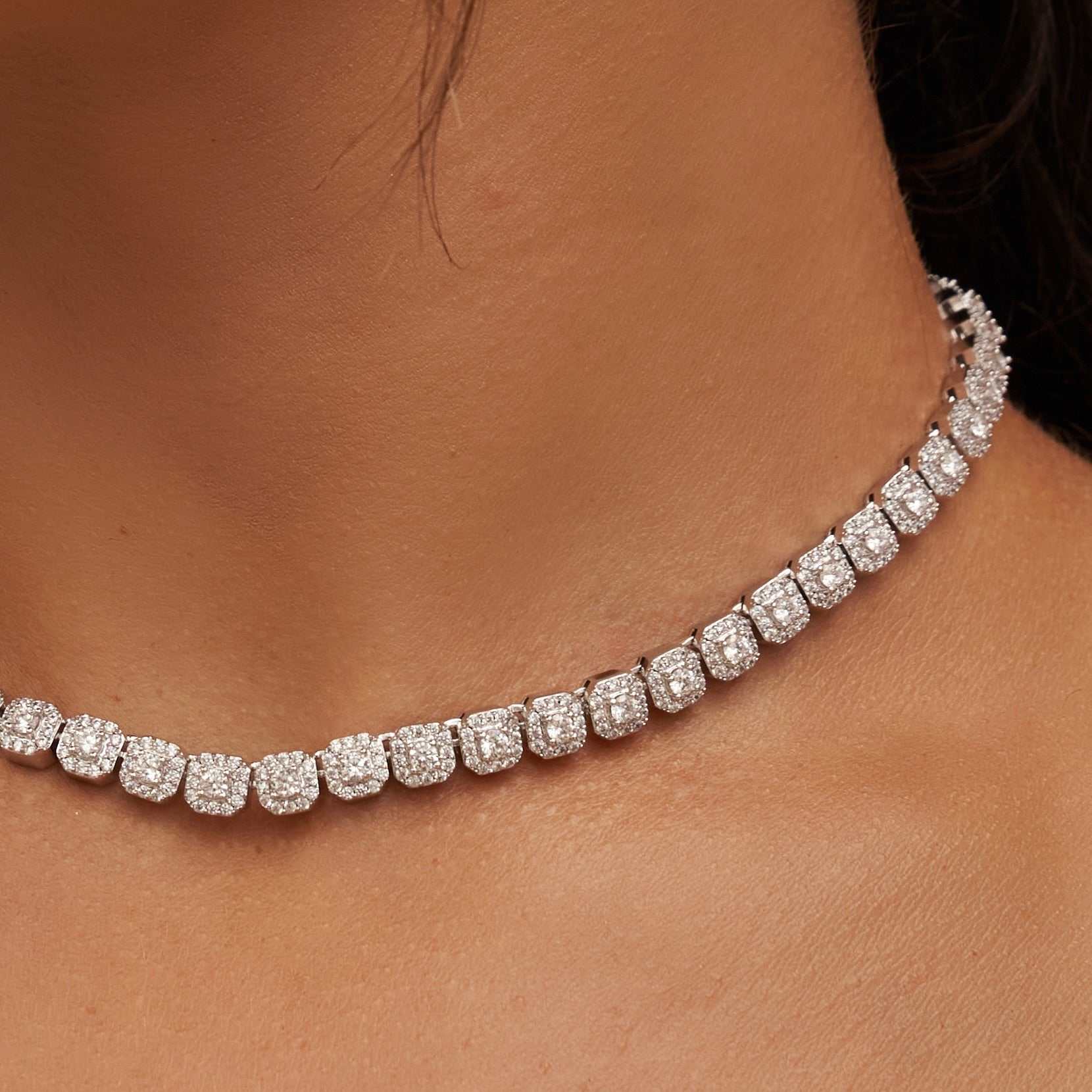 Micro Clustered Tennis Necklace In White Gold