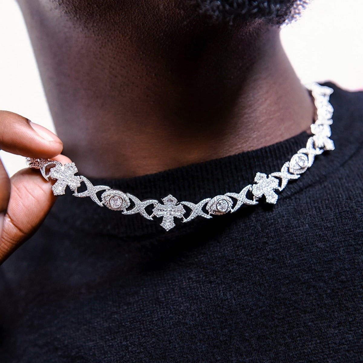 Baguette Cross Evil Eye Chain in White Gold - 16mm - The GLD Shop