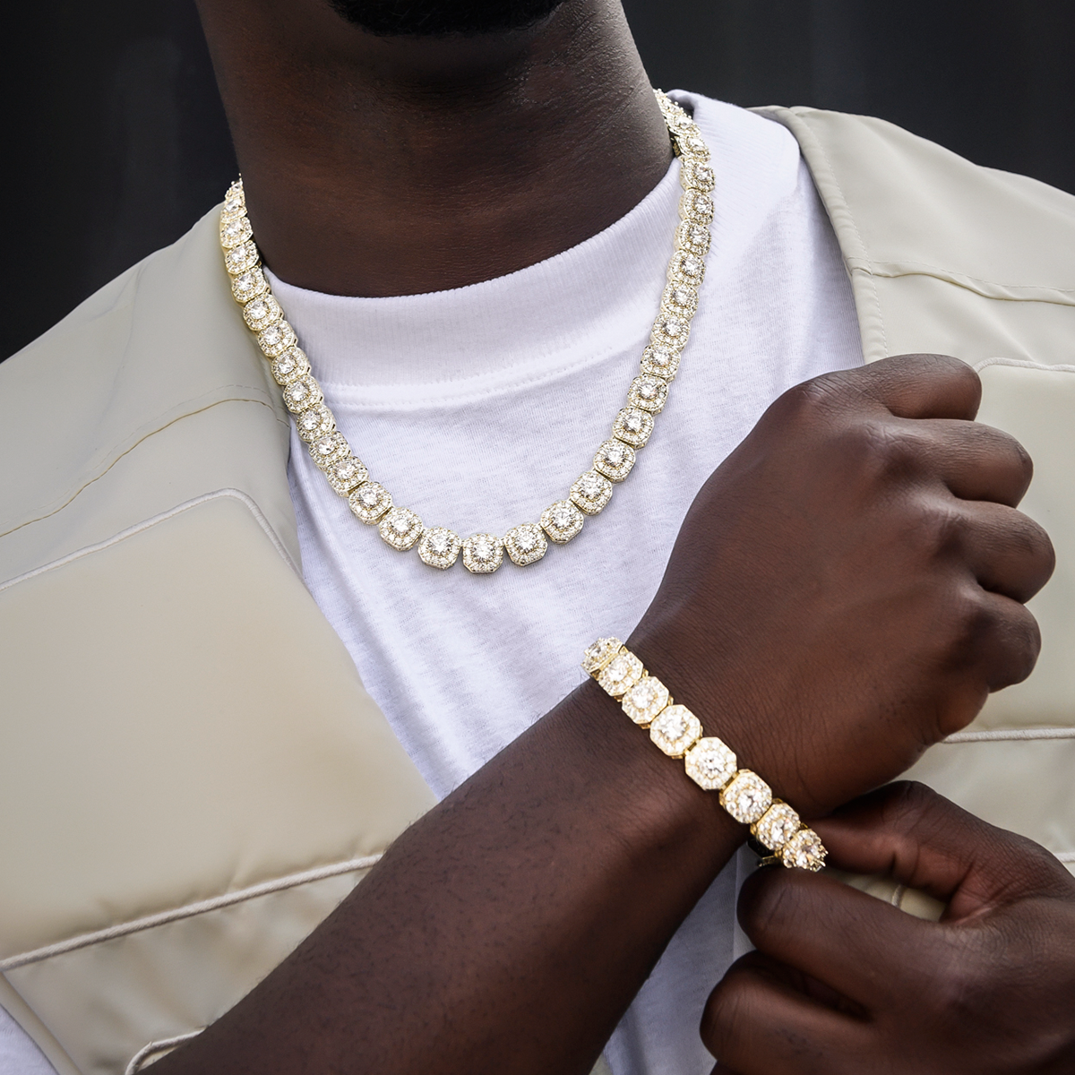 Clustered Tennis Chain + Bracelet Bundle in Yellow Gold- 12mm – The GLD ...