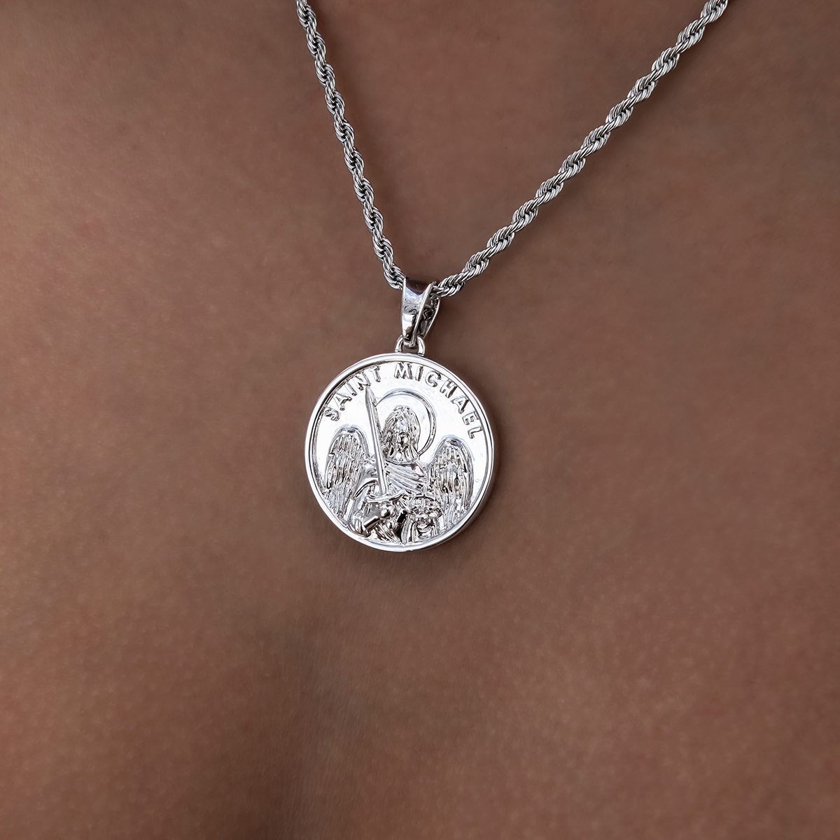 Saint Michael Coin Pendant in White Gold – The GLD Shop