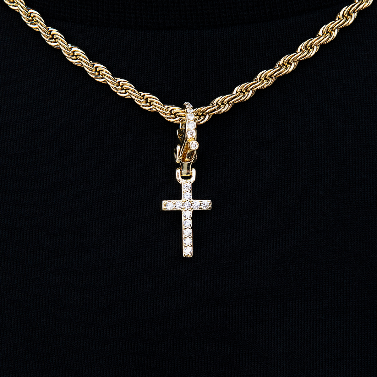 Iced Micro Cross Clip On Pendant in Yellow Gold- The GLD Shop