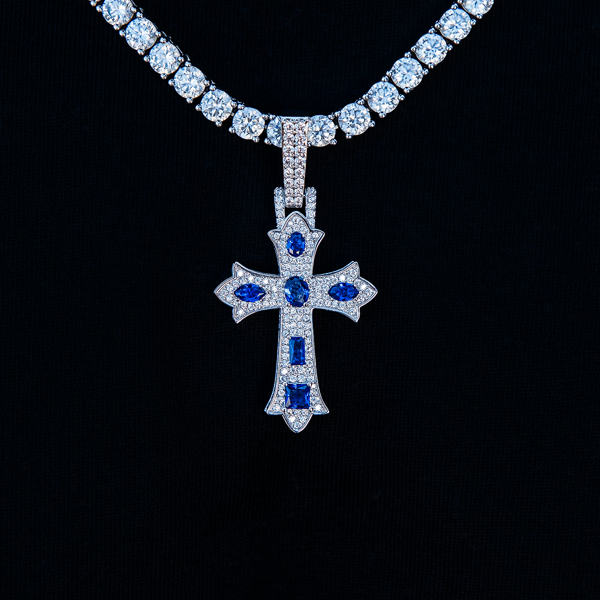 Sapphire Gothic Cross Pendant in White Gold - The GLD Shop