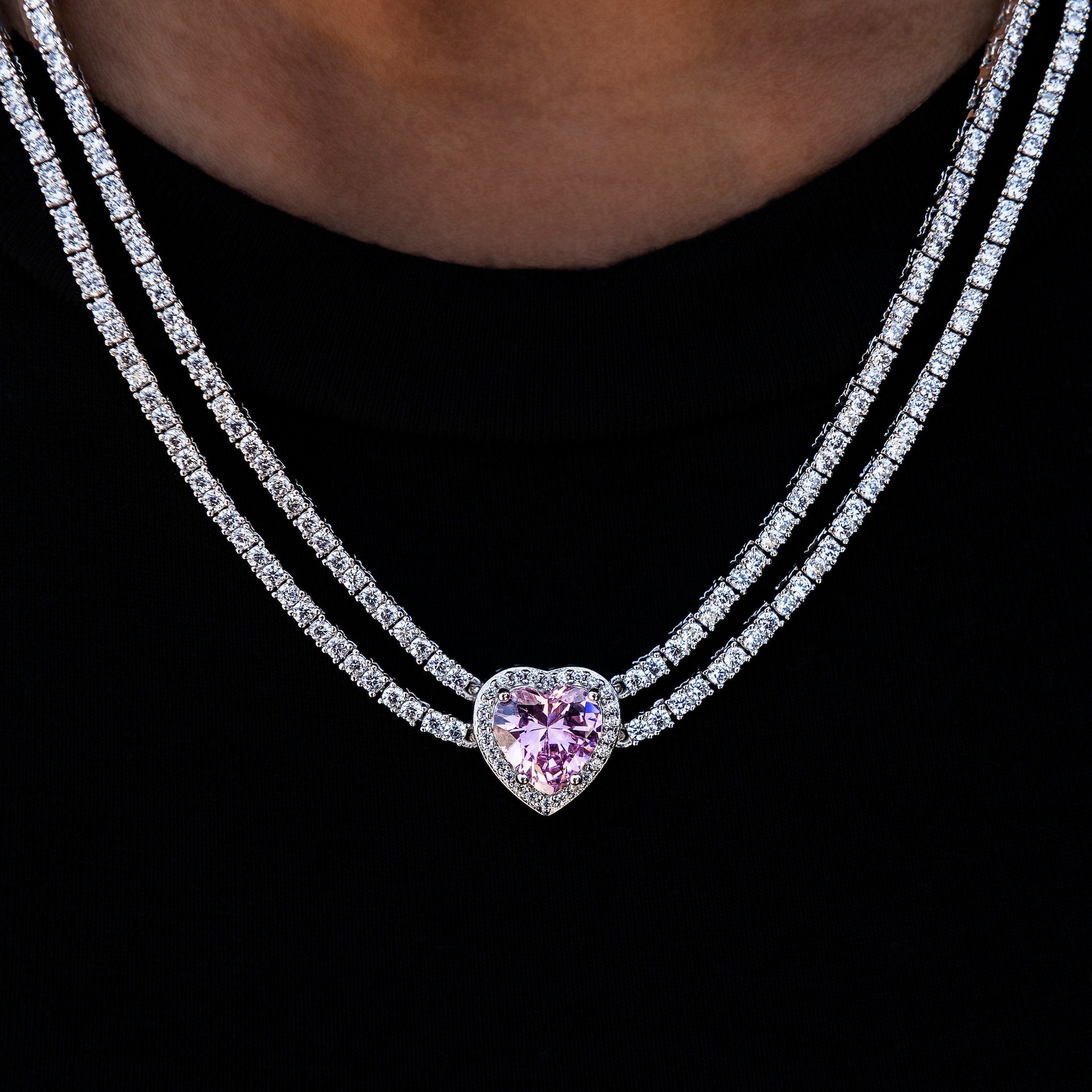 Pink Heart Diamond Double Row Necklace | White Gold | GLD- The GLD Shop