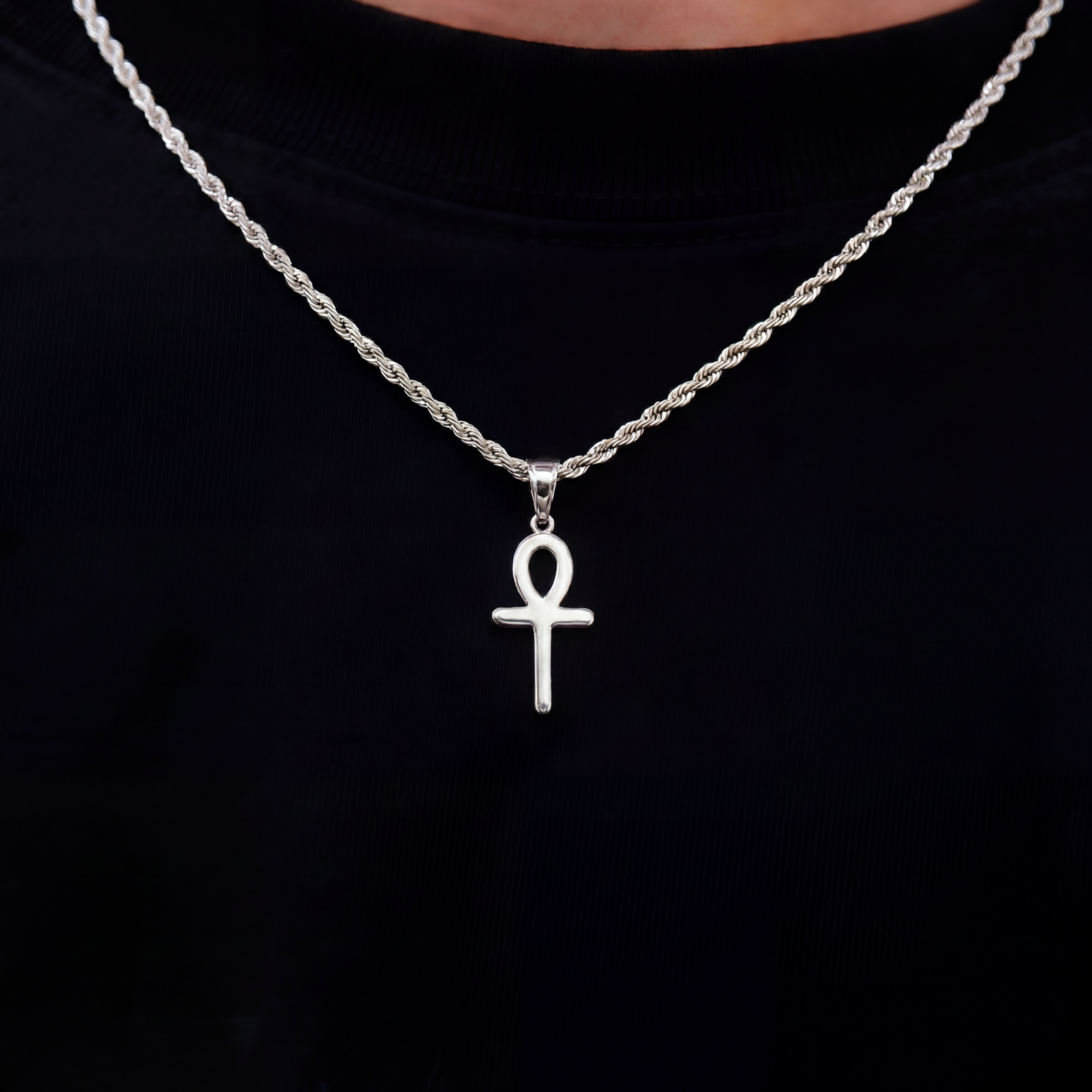 Micro Simple Ankh Cross Pendant + 2MM Rope Chain Bundle in White Gold ...